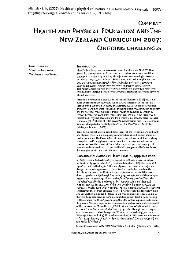 (PDF) Health and Physical Education and the New Zealand Curriculum 2007 ...
