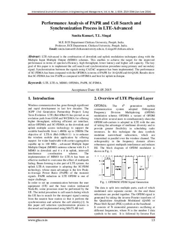 Pdf Performance Analysis Of Papr And Cell Search And Synchronization