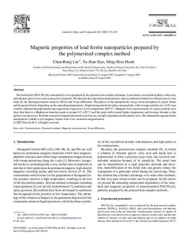 (PDF) Magnetic properties of lead ferrite nanoparticles prepared by the ...