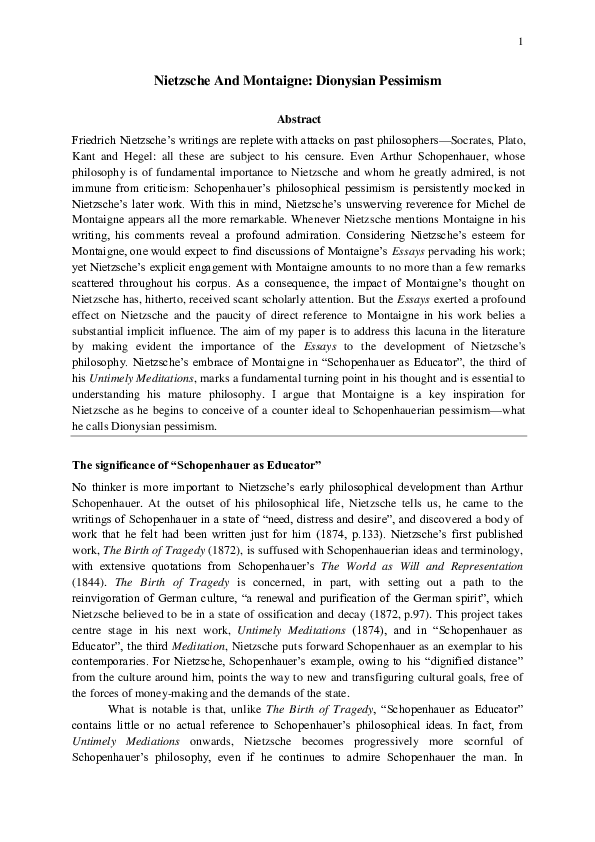 (PDF) Nietzsche and Montaigne: Dionysian Pessimism (Aigne Journal)
