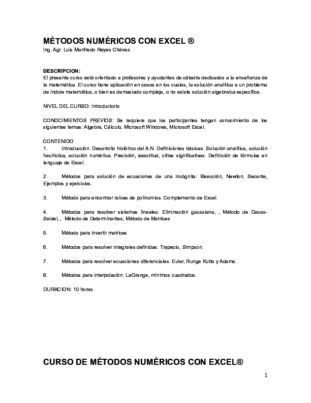 (DOC) METODOS NUMERICOS CON EXCEL