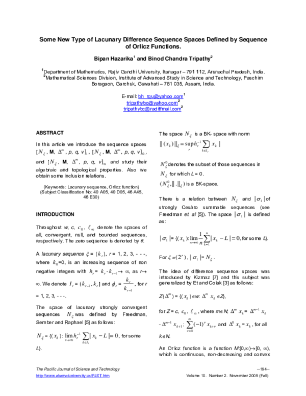 (PDF) Some New Type of Lacunary Difference Sequence Spaces Defined by Sequence of Orlicz Functions