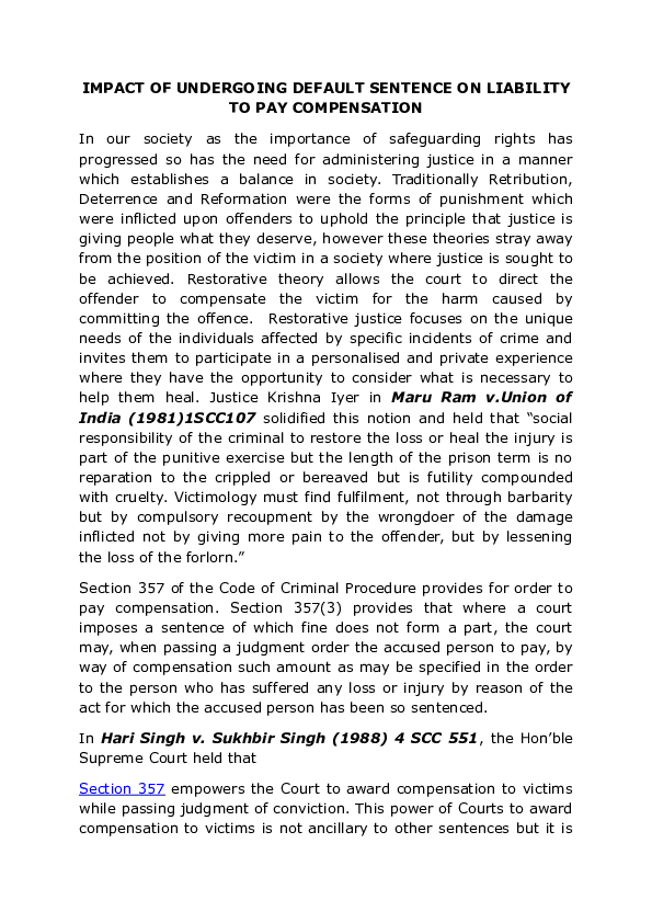 (DOC) impact of undergoing default sentence in lieu of compensation