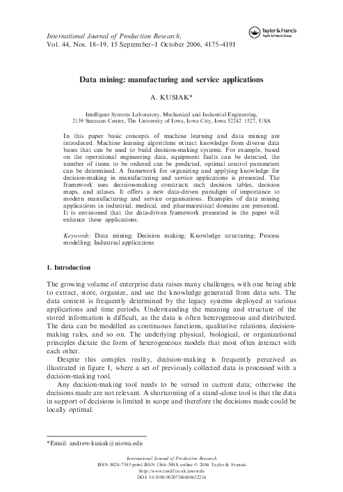 (PDF) Data mining: manufacturing and service applications