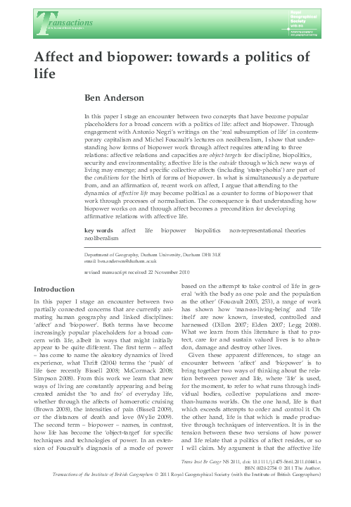 (PDF) Affect and Biopower: Towards a Politics of Life