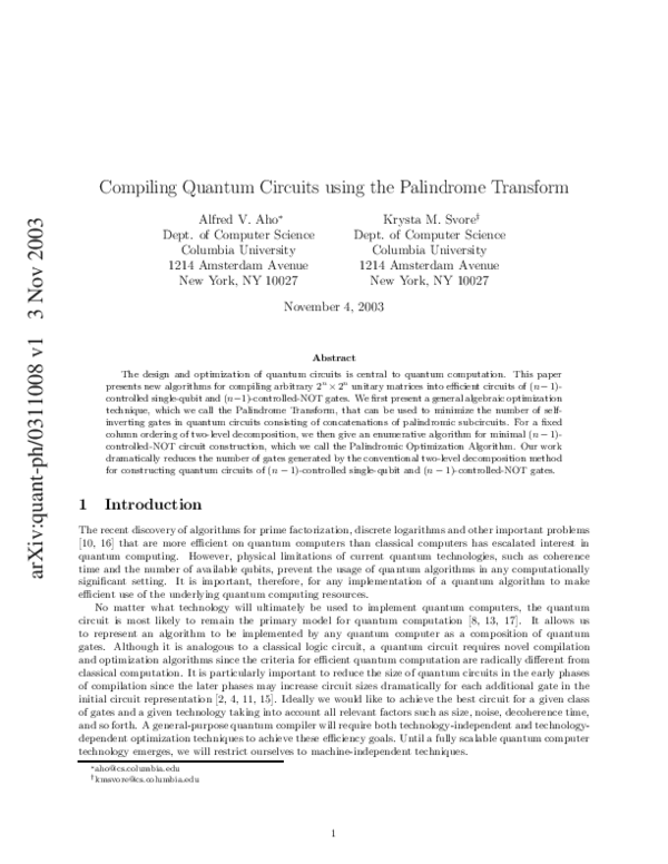 (PDF) Compiling Quantum Circuits using the Palindrome Transform