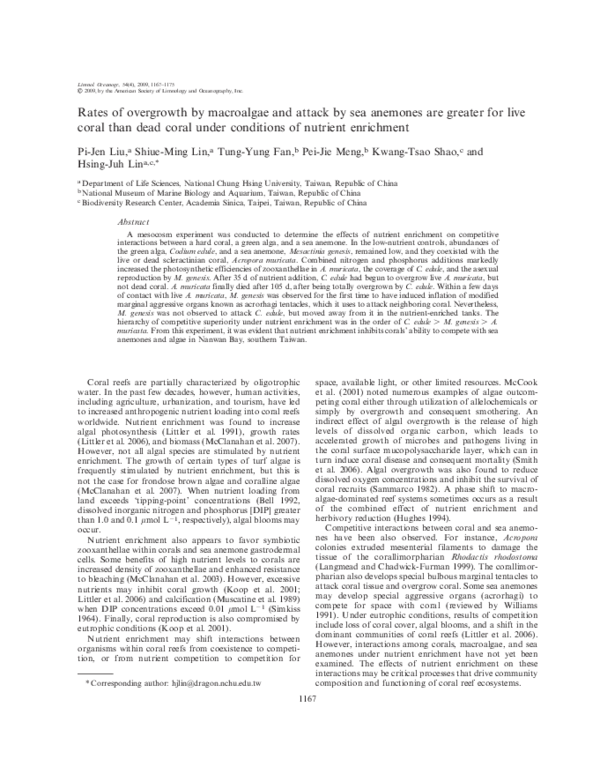 (PDF) Rates of overgrowth by macroalgae and attack by sea anemones are ...