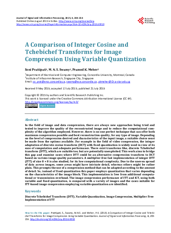 Pdf A Comparison Of Integer Cosine And Tchebichef Transforms For Image Compression Using 9457