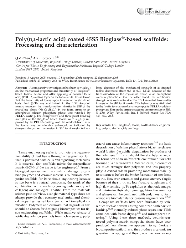(PDF) Poly(D,L-lactic acid) coated 45S5 Bioglass®-based scaffolds: Processing and ...