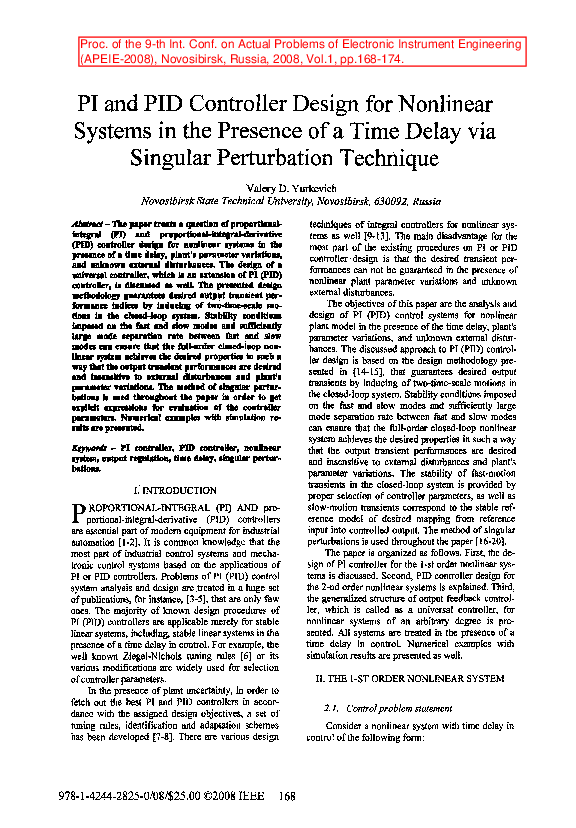 Pdf Pi And Pid Controller Design For Nonlinear Systems In The Presence Of A Time Delay Via