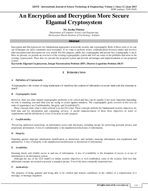 (PDF) An Encryption and Decryption More Secure Elgamal Cryptosystem