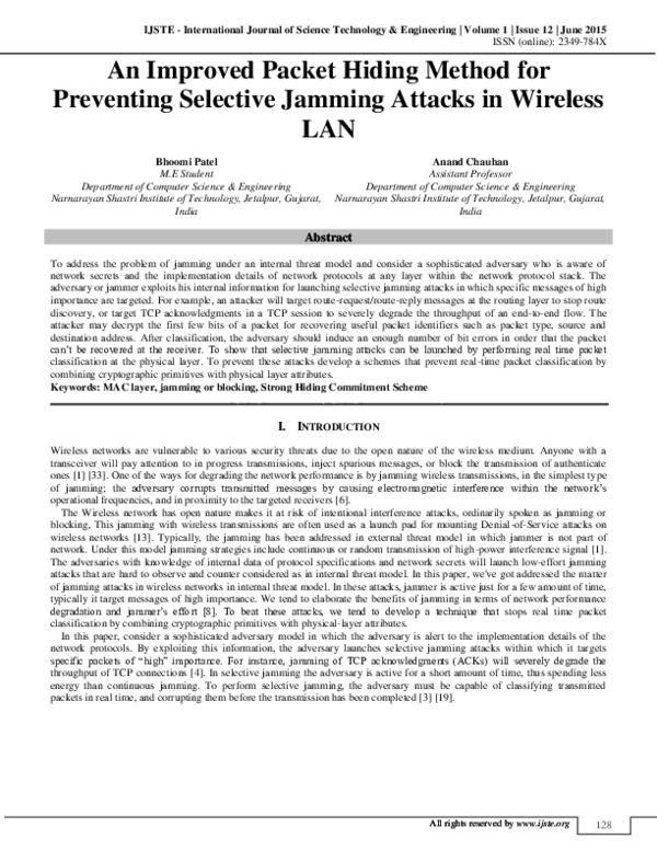Pdf An Improved Packet Hiding Method For Preventing Selective Jamming Attacks In Wireless Lan