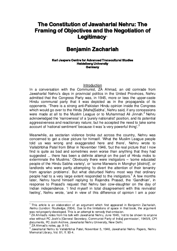 (PDF) Zachariah, The Constitution of Jawaharlal Nehru: The Framing of ...