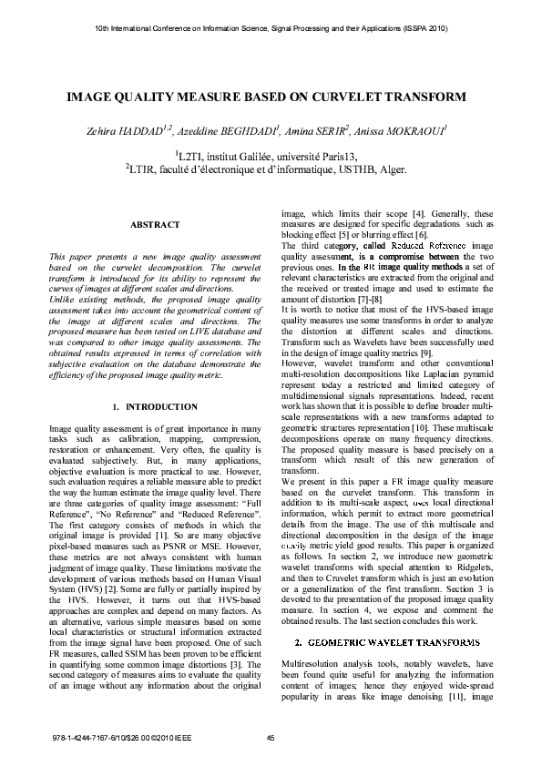 Pdf Image Quality Measure Based On Curvelet Transform