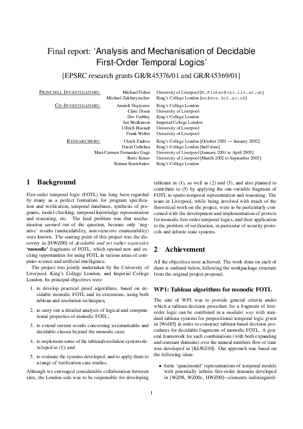 (PDF) Final report: 'Analysis and Mechanisation of Decidable First-Order Temporal Logics
