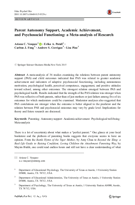 (PDF) Parental Autonomy Support, Academic Achievement, and Psychosocial ...