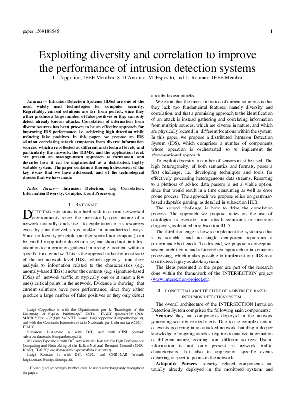 (PDF) Exploiting diversity and correlation to improve the performance of intrusion detection systems