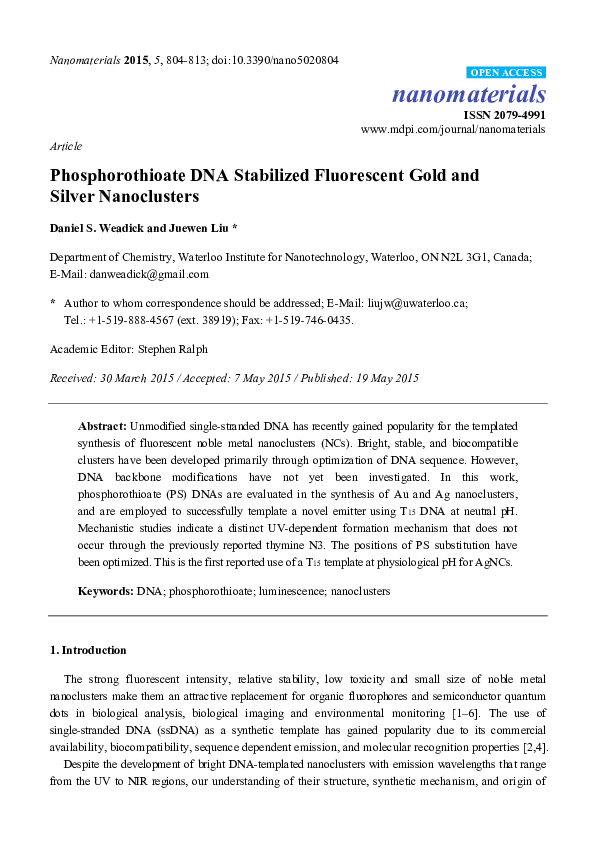 (PDF) Phosphorothioate DNA Stabilized Fluorescent Gold and Silver ...