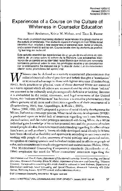(PDF) Experiences of a Course on the Culture of Whiteness in Counselor ...