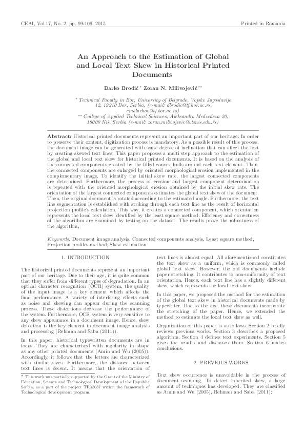 Pdf An Approach To The Estimation Of Global And Local Text Skew In Historical Printed Documents