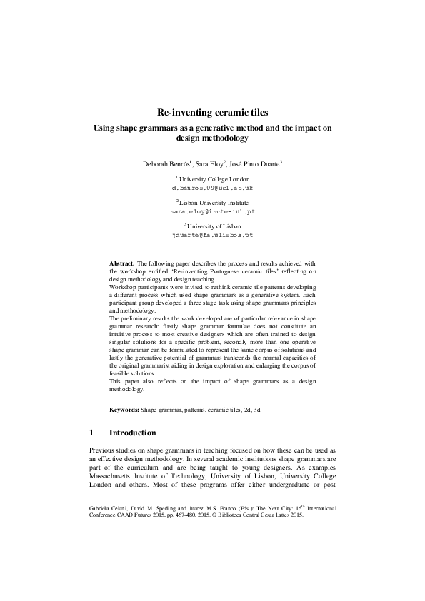 (PDF) Re-inventing ceramic tiles: Using shape grammars as a generative method and the impact on ...