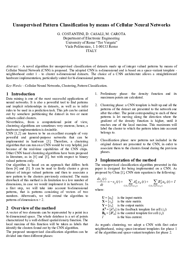 (PDF) Unsupervised Pattern Classification by means of Cellular Neural Networks