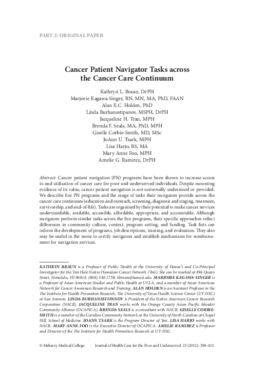 (PDF) Cancer Patient Navigator Tasks across the Cancer Care Continuum
