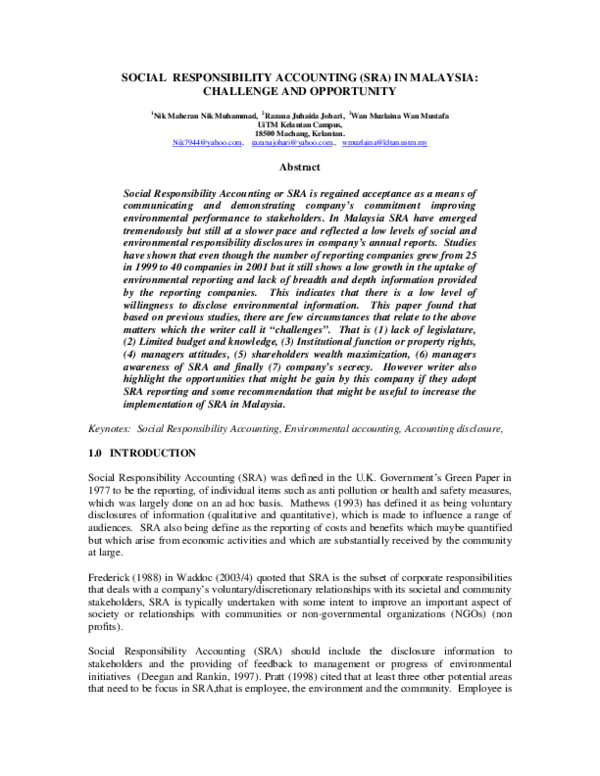 (PDF) SOCIAL RESPONSIBILITY ACCOUNTING (SRA) IN MALAYSIA: CHALLENGE AND ...