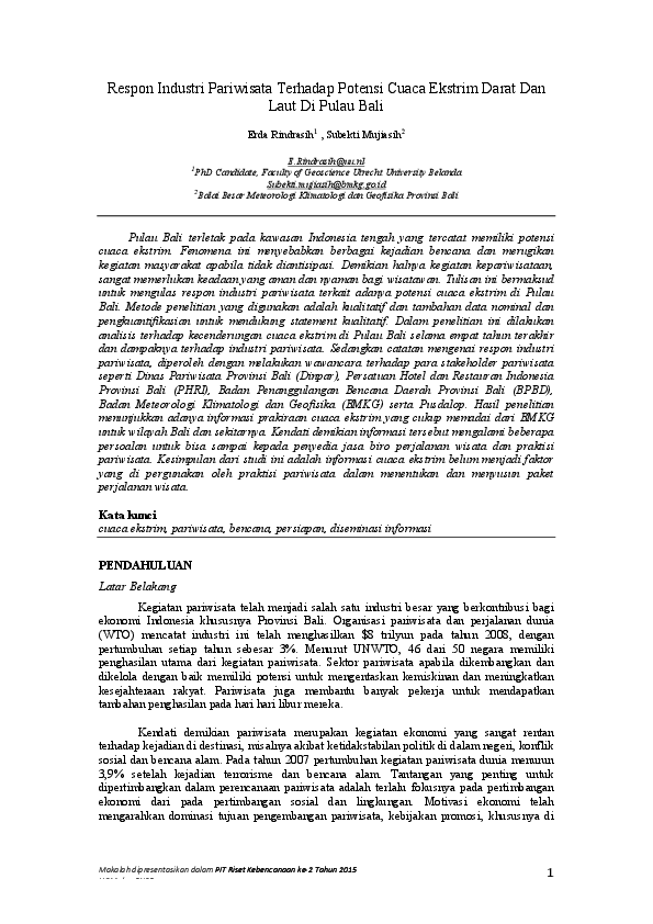 (PDF) Respon Industri Pariwisata Terhadap Potensi Cuaca Ekstrim Darat ...