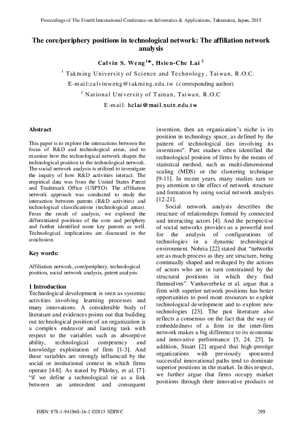 (PDF) The core/periphery positions in technological network: The affiliation network analysis