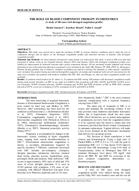 (PDF) THE ROLE OF BLOOD COMPONENT THERAPY IN OBSTETRICS (A study of 100 ...