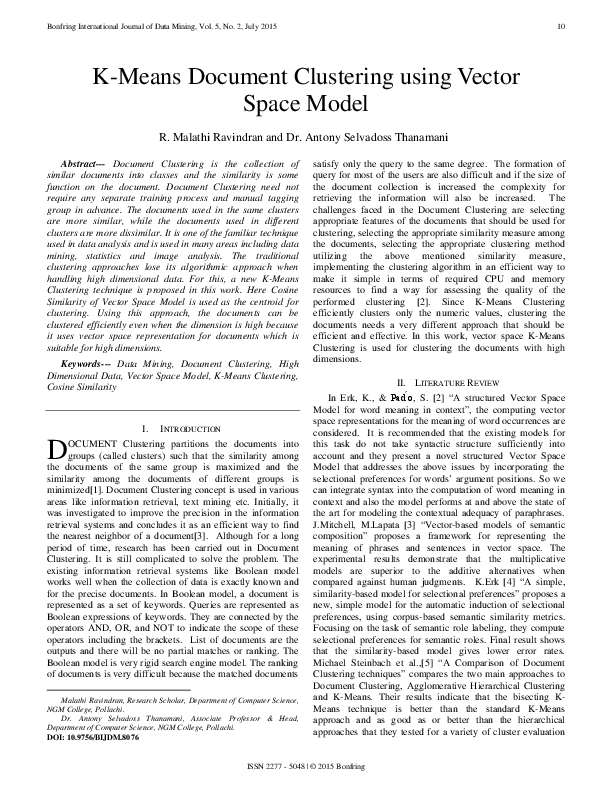 Pdf K Means Document Clustering Using Vector Space Model