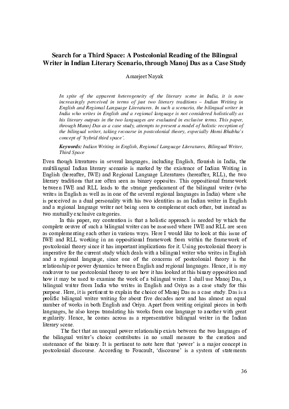 (PDF) Search for a Third Space: A Postcolonial Reading of the Bilingual ...