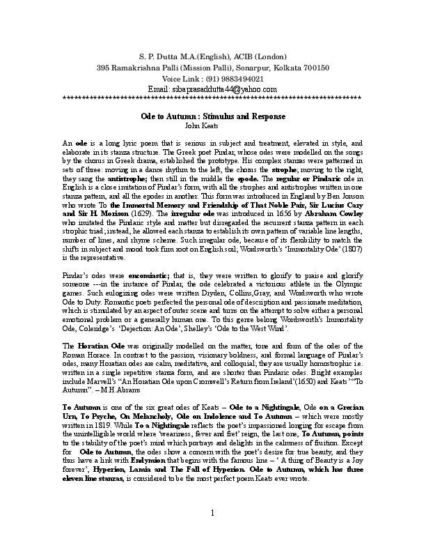 (DOC) Keats' To Autumn - Stimulus and Response