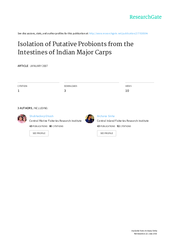 (PDF) Isolation of Putative Probionts from the Intestines of Indian ...
