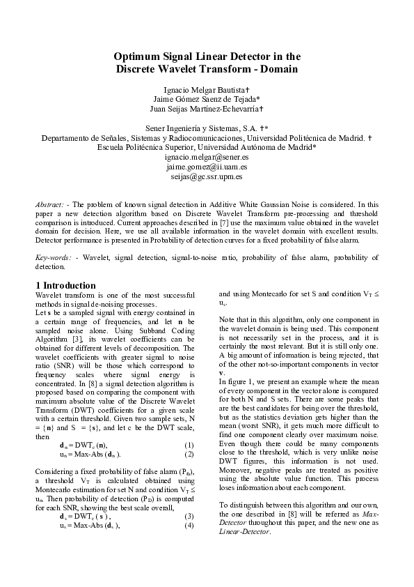(PDF) Optimum Signal Linear Detector in the Discrete Wavelet Transform-Domain