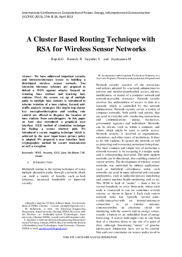 (PDF) A Cluster Based Routing Technique with RSA for Wireless sensor Networks