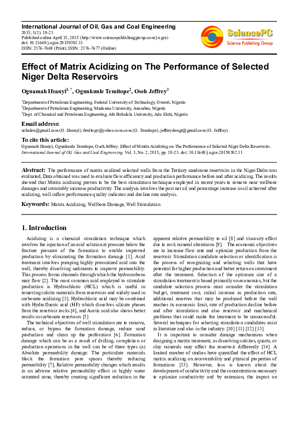 (PDF) Effect of Matrix Acidizing on The Performance of Selected Niger ...