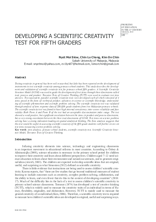 (PDF) DEVELOPING A SCIENTIFIC CREATIVITY TEST FOR FIFTH GRADERS