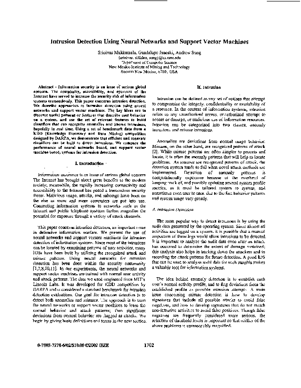 Pdf Intrusion Detection Using Neural Networks And Support Vector Machines Neeraj Banthia