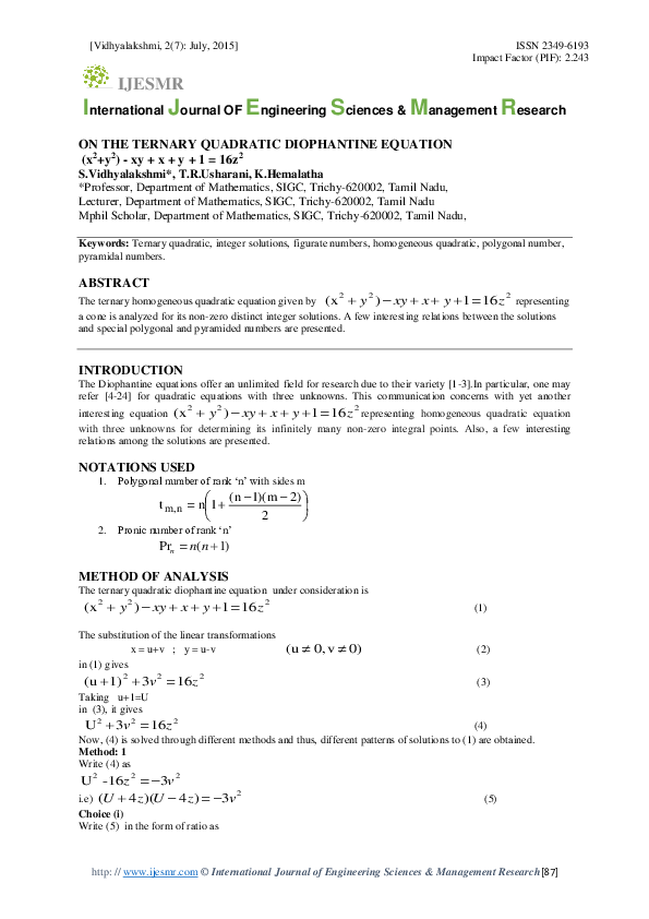 (PDF) ON THE TERNARY QUADRATIC DIOPHANTINE EQUATION (x 2 +y 2 ) - xy ...