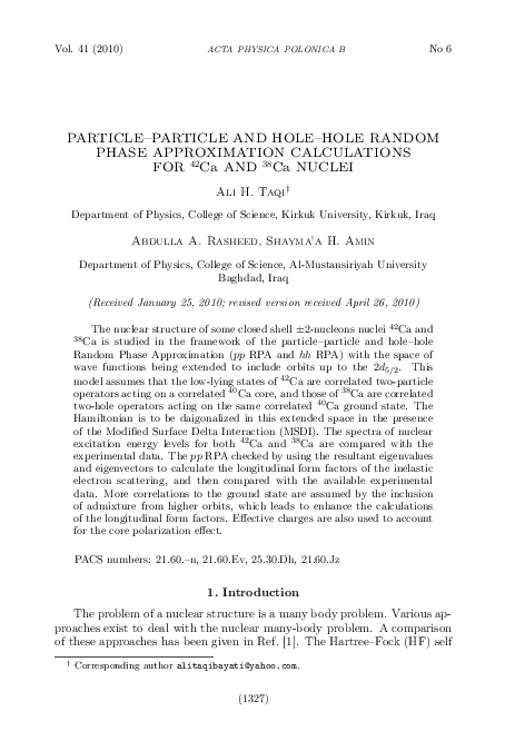 (PDF) PARTICLE–PARTICLE AND HOLE–HOLE RANDOM PHASE APPROXIMATION CALCULATIONS FOR 42Ca AND 38Ca ...