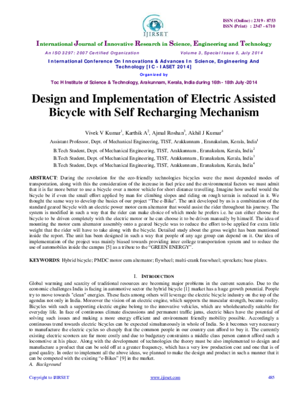 (PDF) Design and Implementation of Electric Assisted Bicycle with Self Recharging Mechanism
