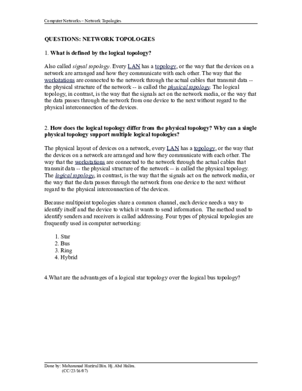(DOC) QUESTIONS: NETWORK TOPOLOGIES