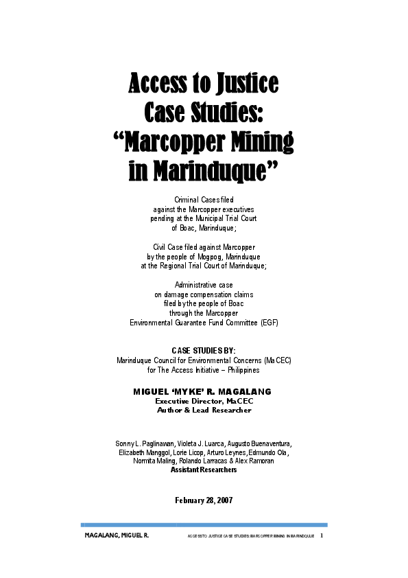 (PDF) Access to Justice Case Studies: “Marcopper Mining in Marinduque”