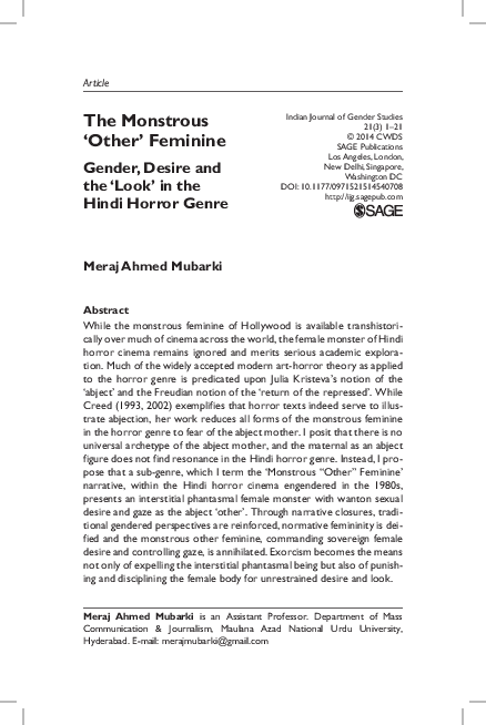 (PDF) The Monstrous 'Other' Feminine: Gender, Desire and Look in the ...