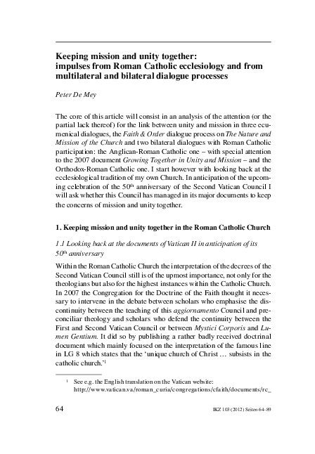 (PDF) Keeping Mission and Unity Together: Impulses from Roman Catholic ...