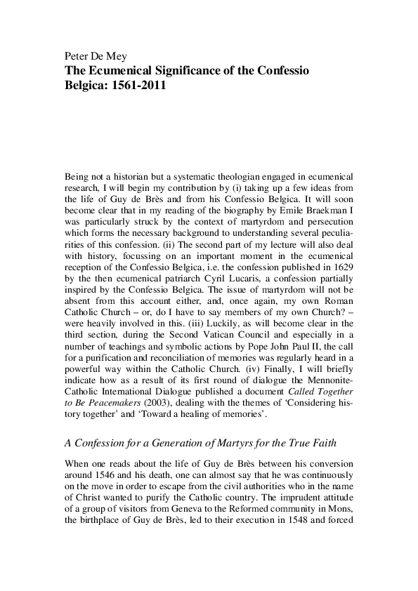 (PDF) The Ecumenical Significance of the Confessio Belgica: 1561-2011