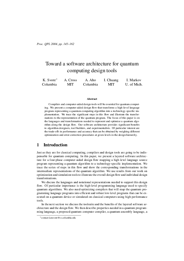 (PDF) Toward a software architecture for quantum computing design tools