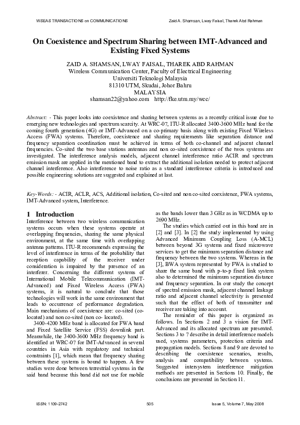 (PDF) On Coexistence and Spectrum Sharing between IMT-Advanced and Existing Fixed Systems
